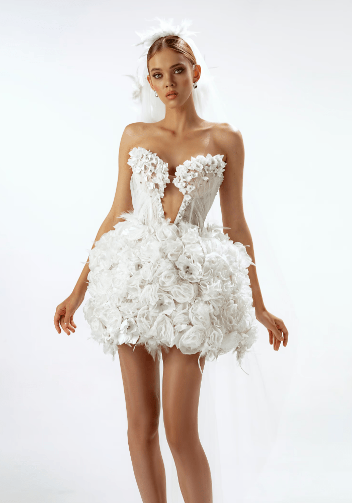 Veronica Drop V neck mini wedding dress bubble flower skirt – Ivory & White